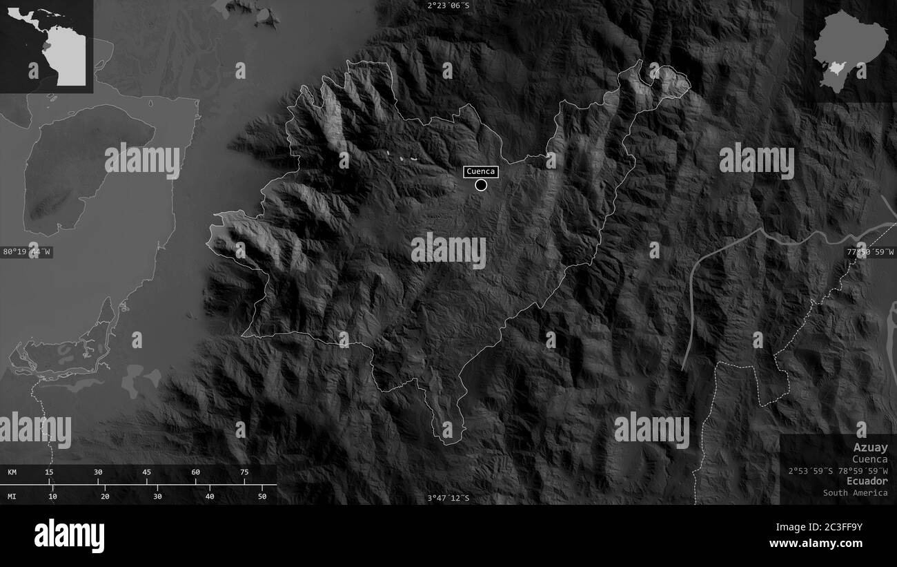 Azuay, province of Ecuador. Grayscaled map with lakes and rivers. Shape ...