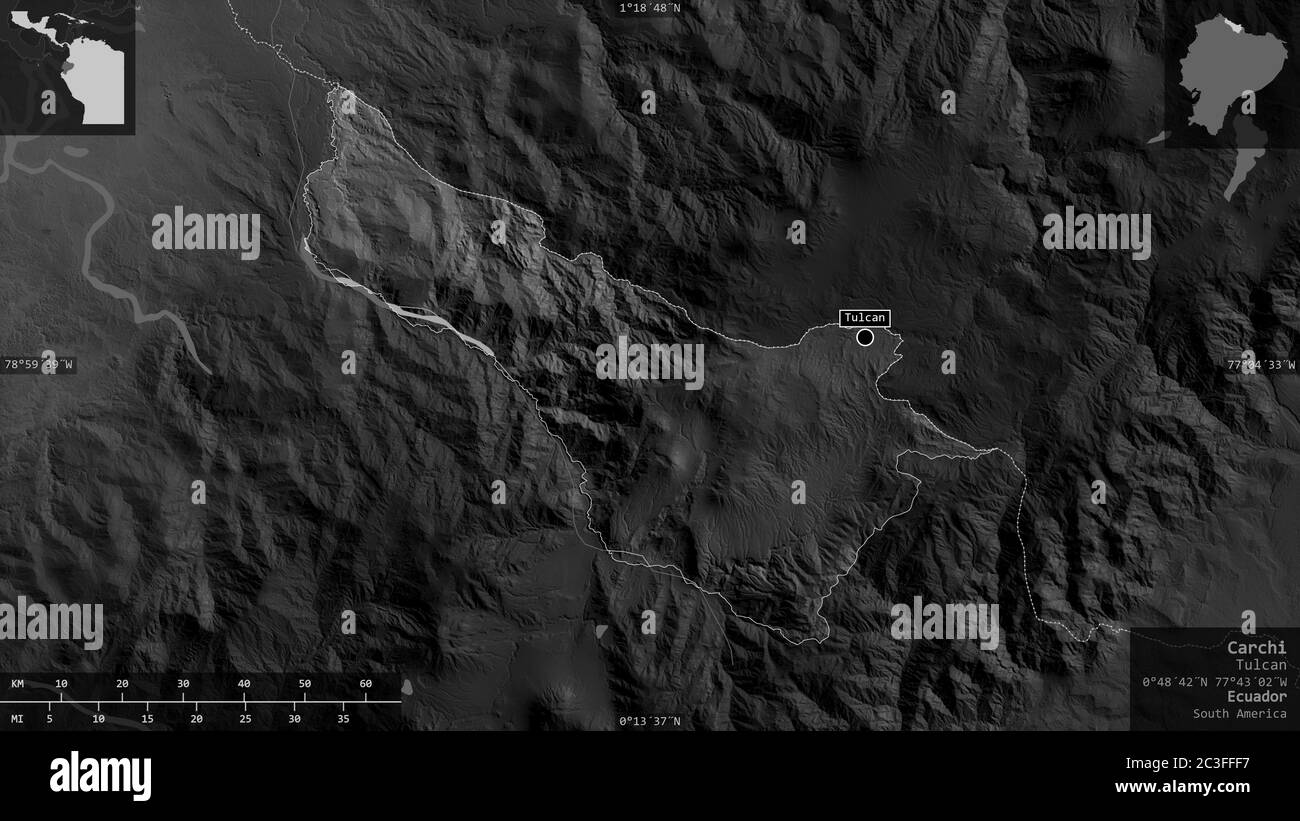 Carchi, province of Ecuador. Grayscaled map with lakes and rivers ...