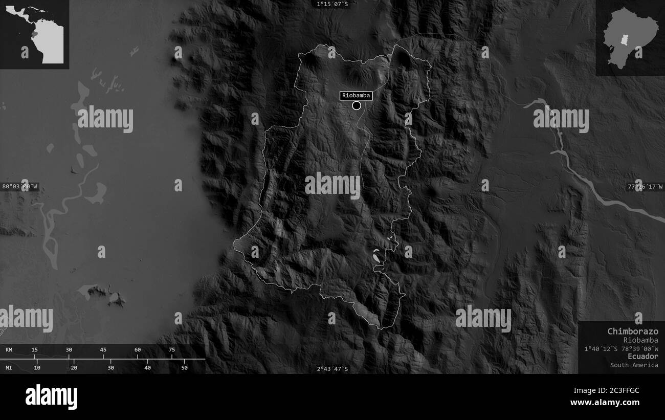 Chimborazo, province of Ecuador. Grayscaled map with lakes and rivers ...
