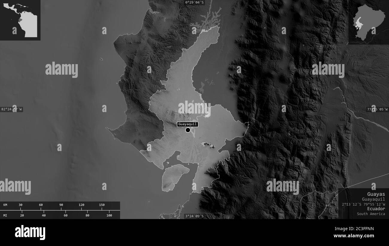 Guayas, province of Ecuador. Grayscaled map with lakes and rivers ...