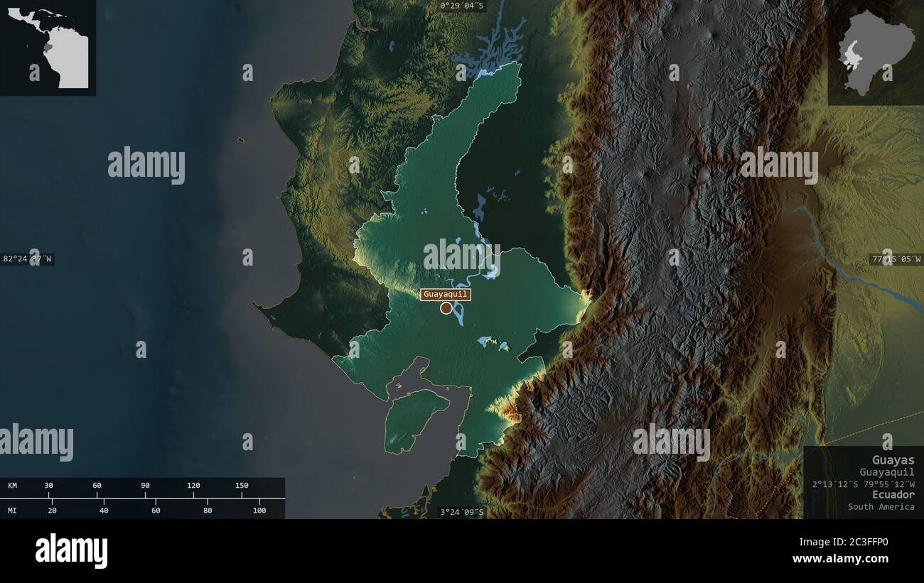 Guayas, province of Ecuador. Colored relief with lakes and rivers ...