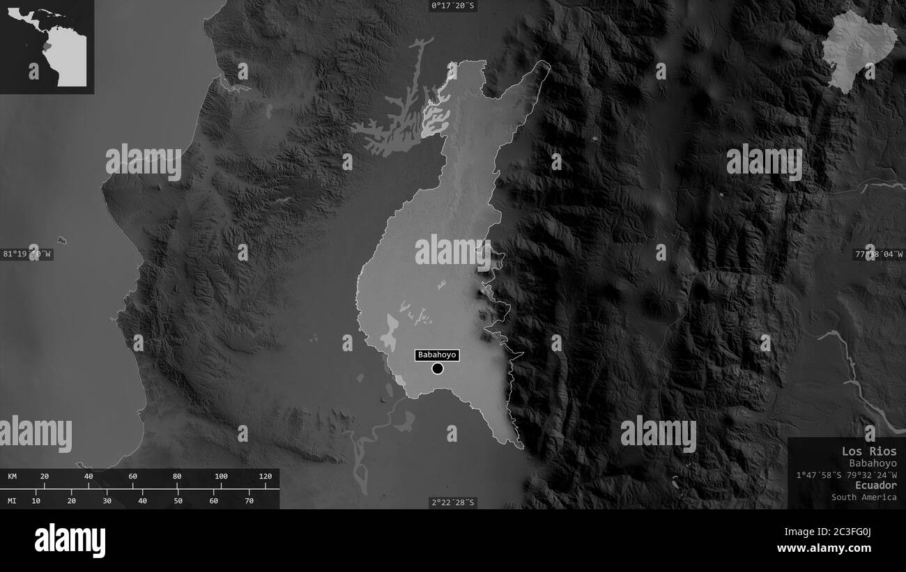 Los Rios, province of Ecuador. Grayscaled map with lakes and rivers ...