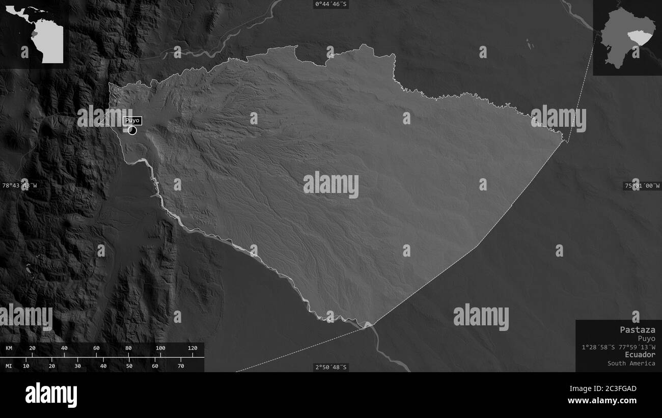 Pastaza, province of Ecuador. Grayscaled map with lakes and rivers ...