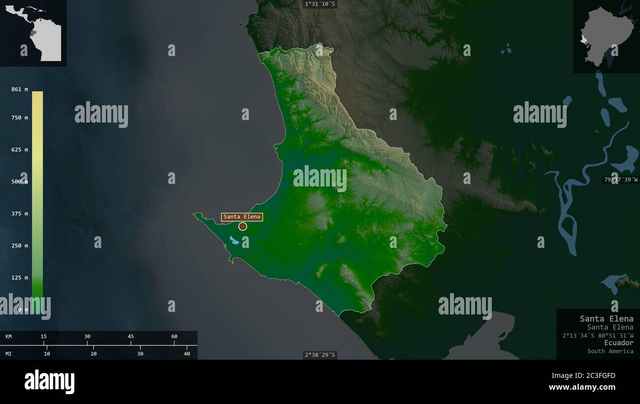 Santa Elena, province of Ecuador. Colored shader data with lakes and ...
