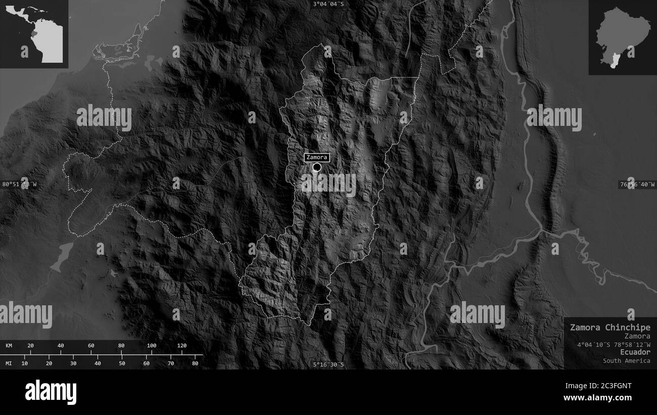 Zamora Chinchipe, province of Ecuador. Grayscaled map with lakes and ...