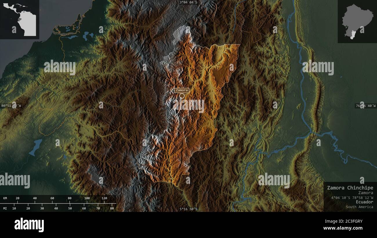 Zamora Chinchipe, province of Ecuador. Colored relief with lakes and ...
