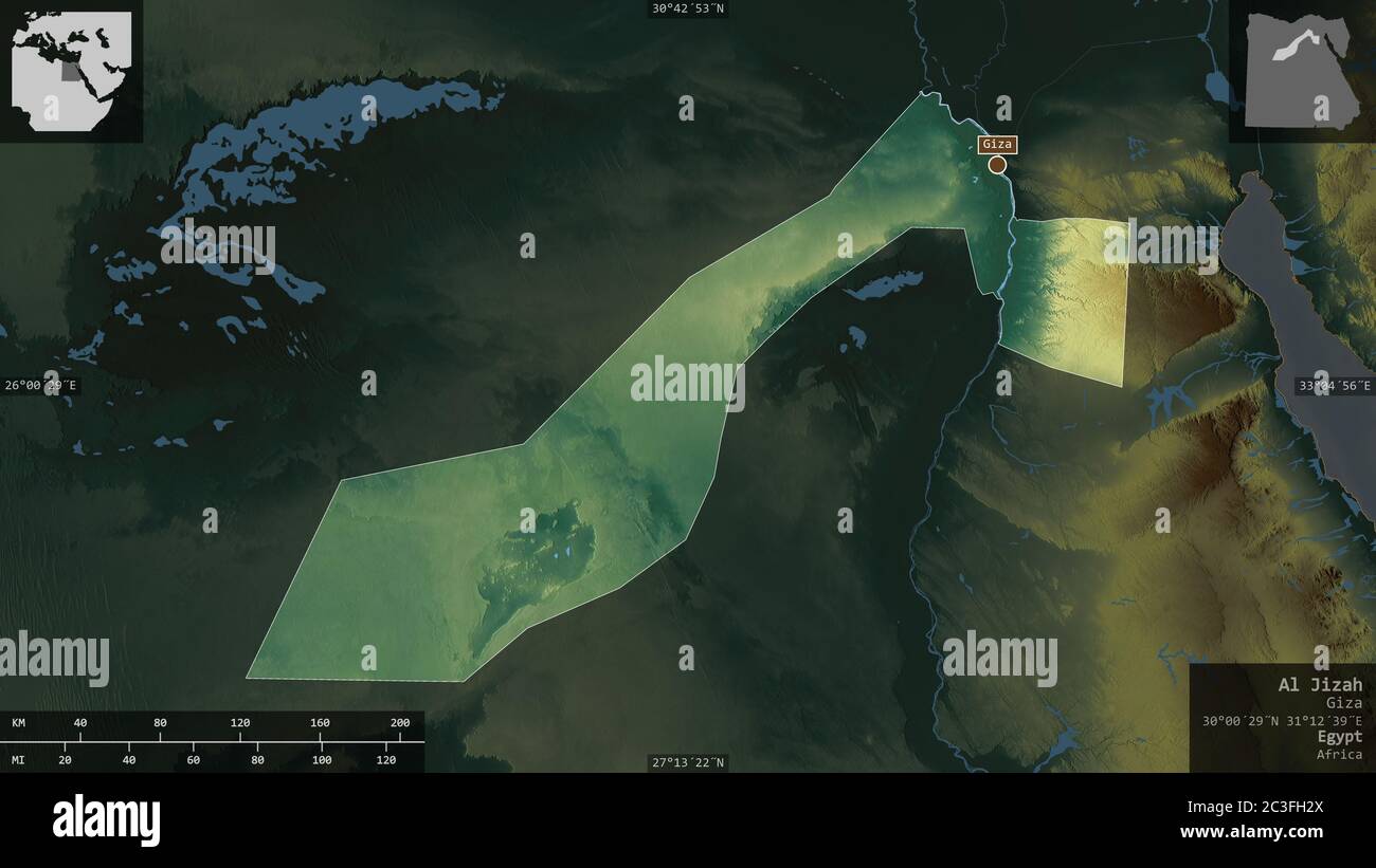 Al Jizah, governorate of Egypt. Colored relief with lakes and rivers ...