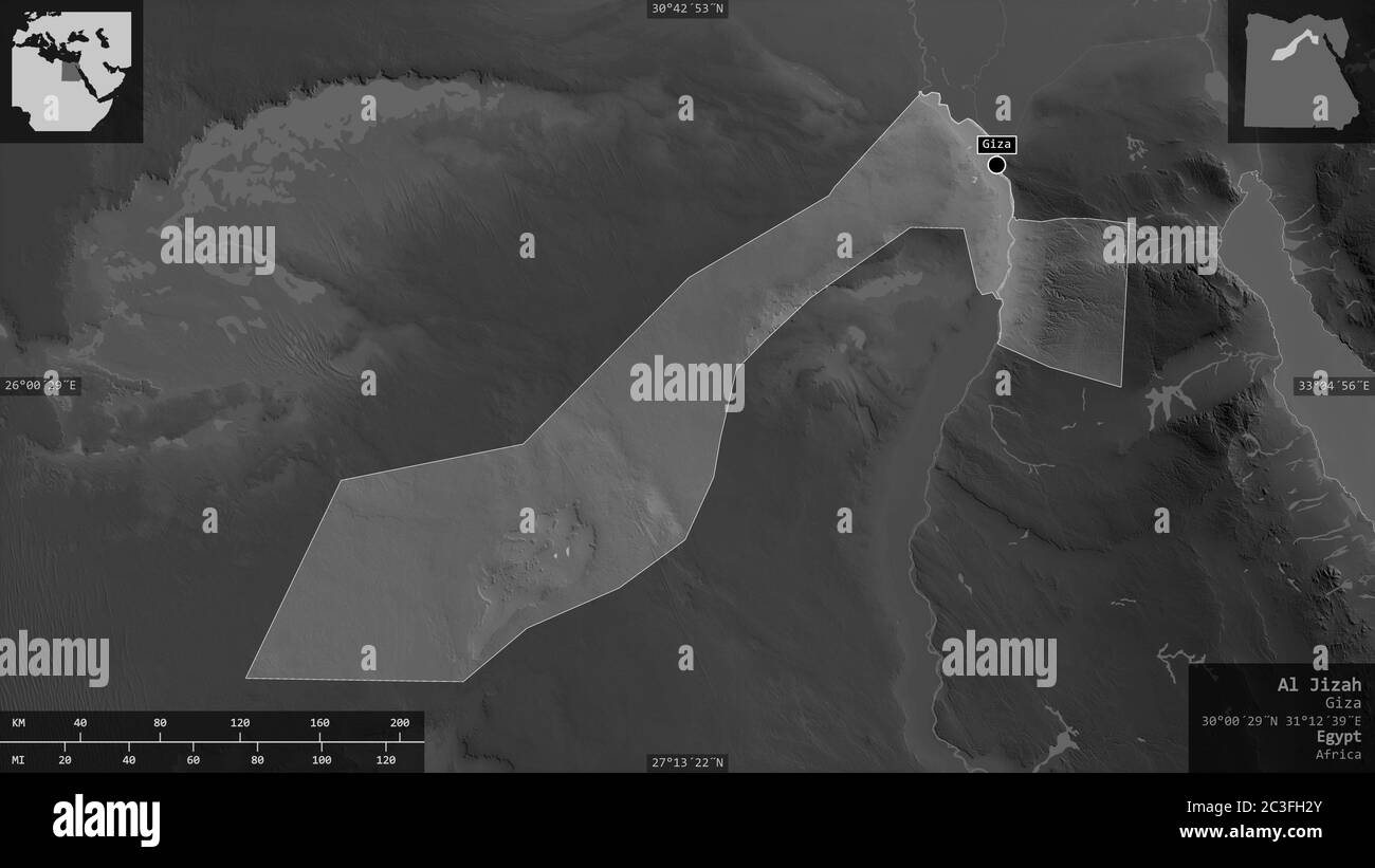 Al Jizah, governorate of Egypt. Grayscaled map with lakes and rivers ...