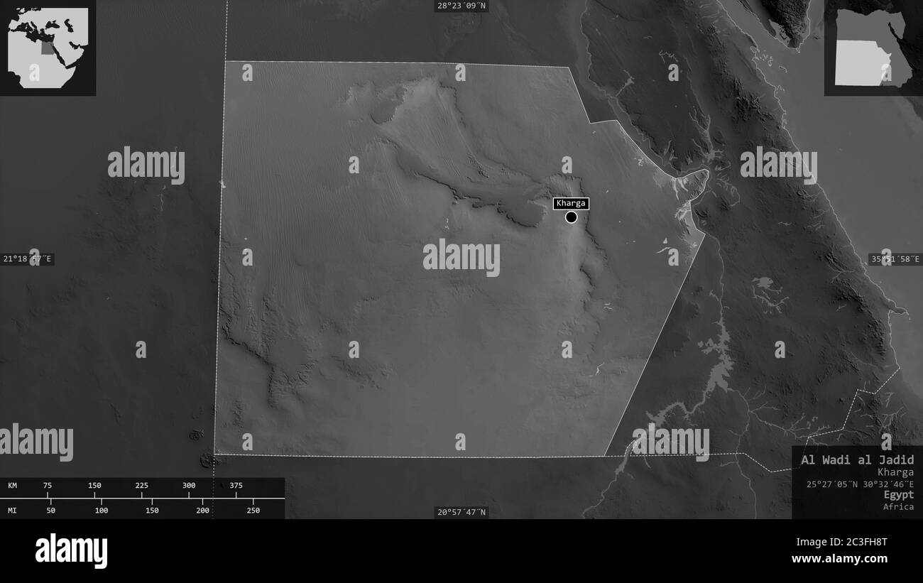 Al Wadi al Jadid, governorate of Egypt. Grayscaled map with lakes and ...