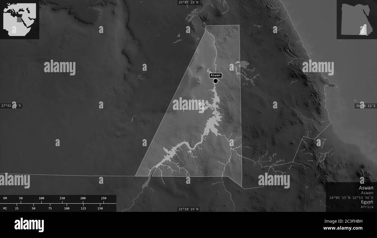 Aswan, governorate of Egypt. Grayscaled map with lakes and rivers ...