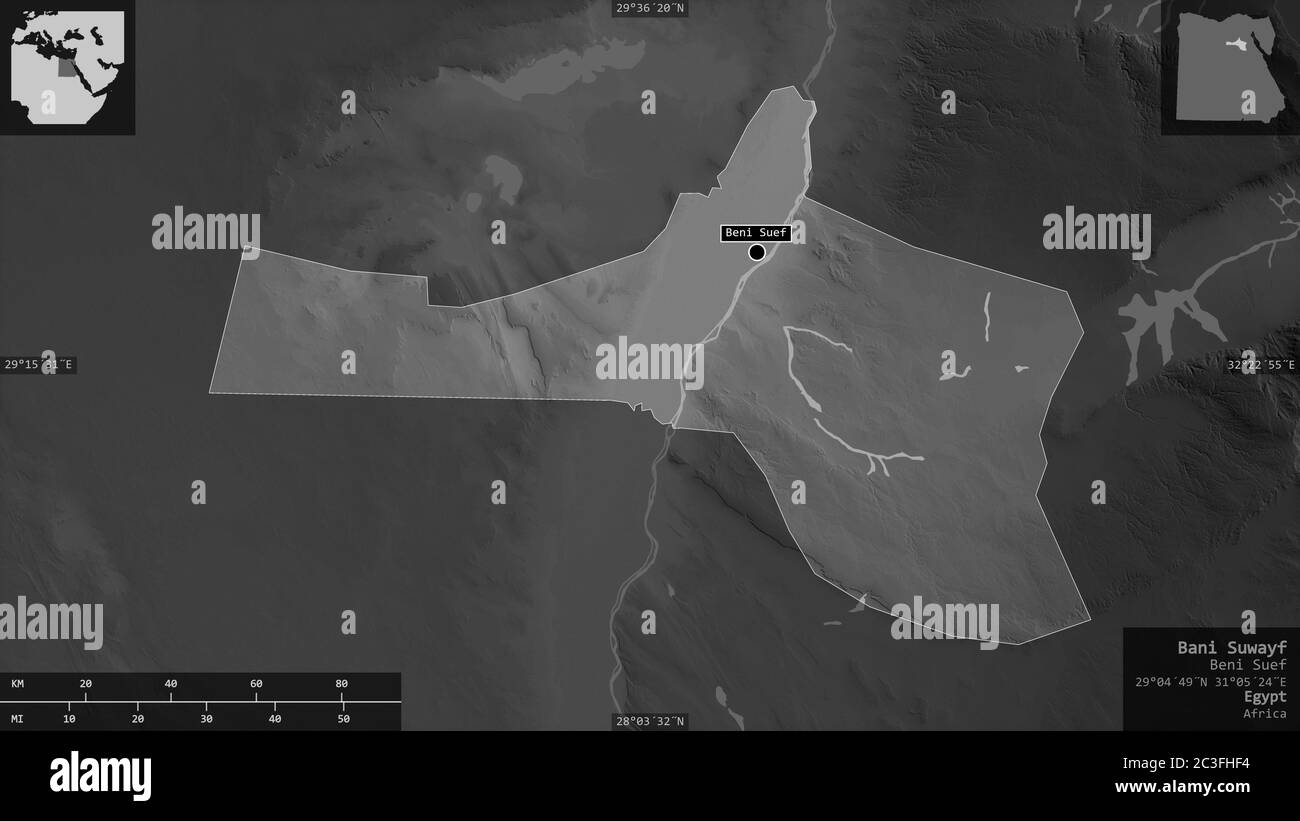 Bani Suwayf, governorate of Egypt. Grayscaled map with lakes and rivers ...
