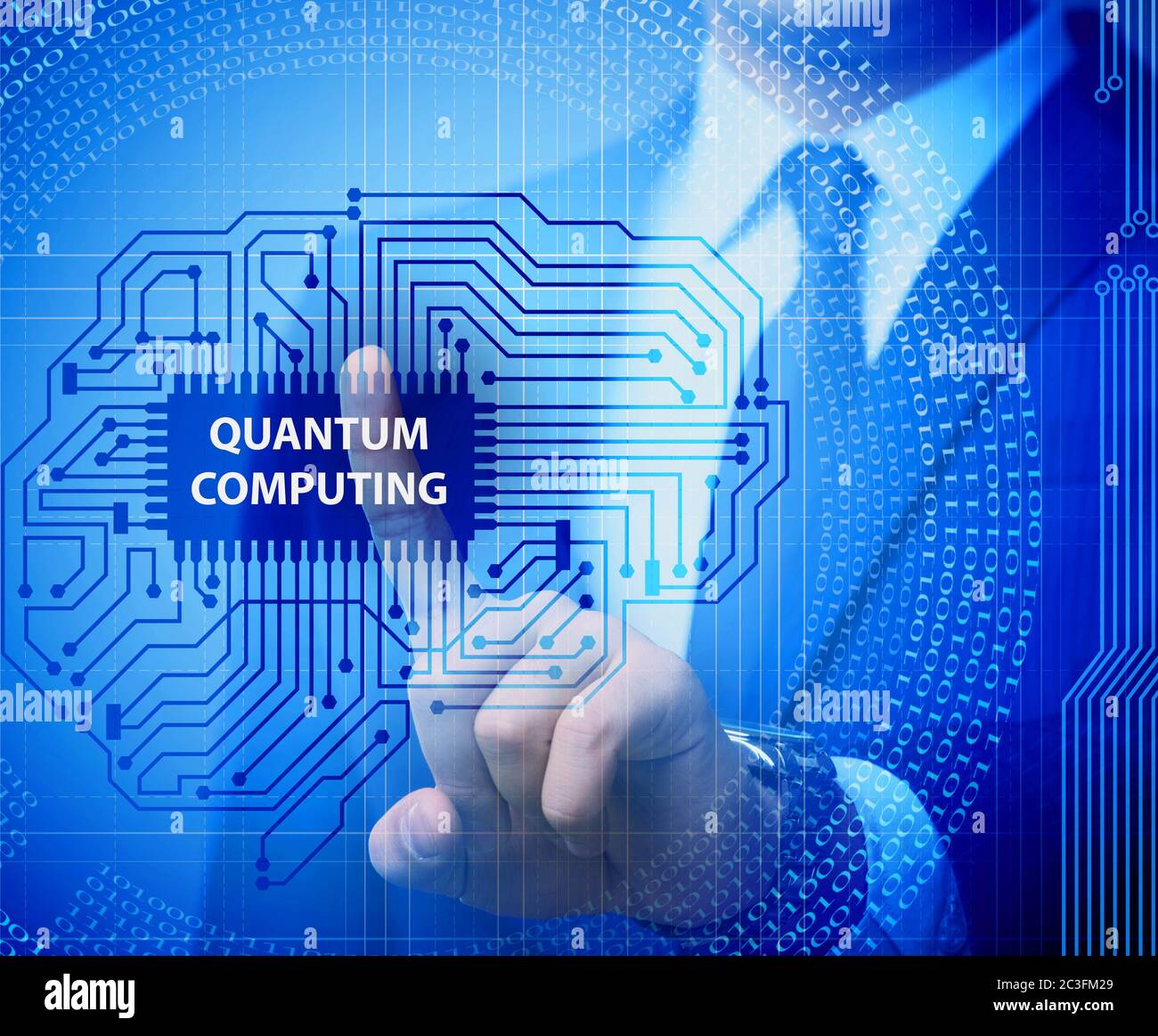 Businessman pressing virtual button in quantum computing concept Stock ...