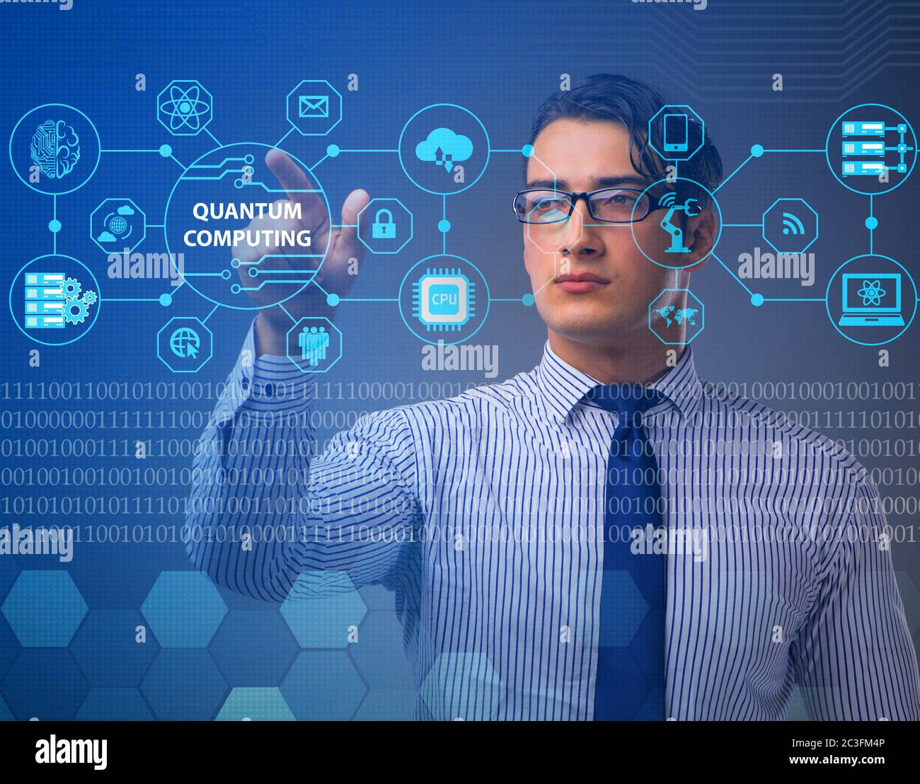 Businessman pressing virtual button in quantum computing concept Stock ...