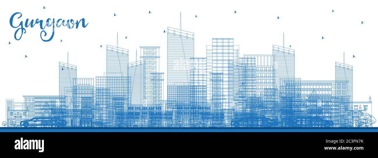 Outline Gurgaon India City Skyline with Blue Buildings. Vector ...