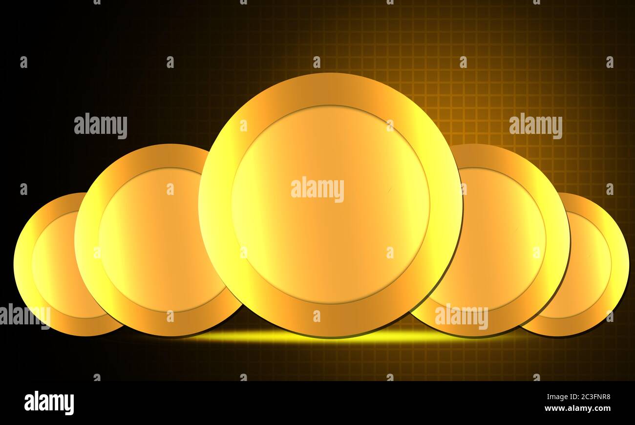 Five round gold coins line up with shine, 3d rendering Stock Photo - Alamy