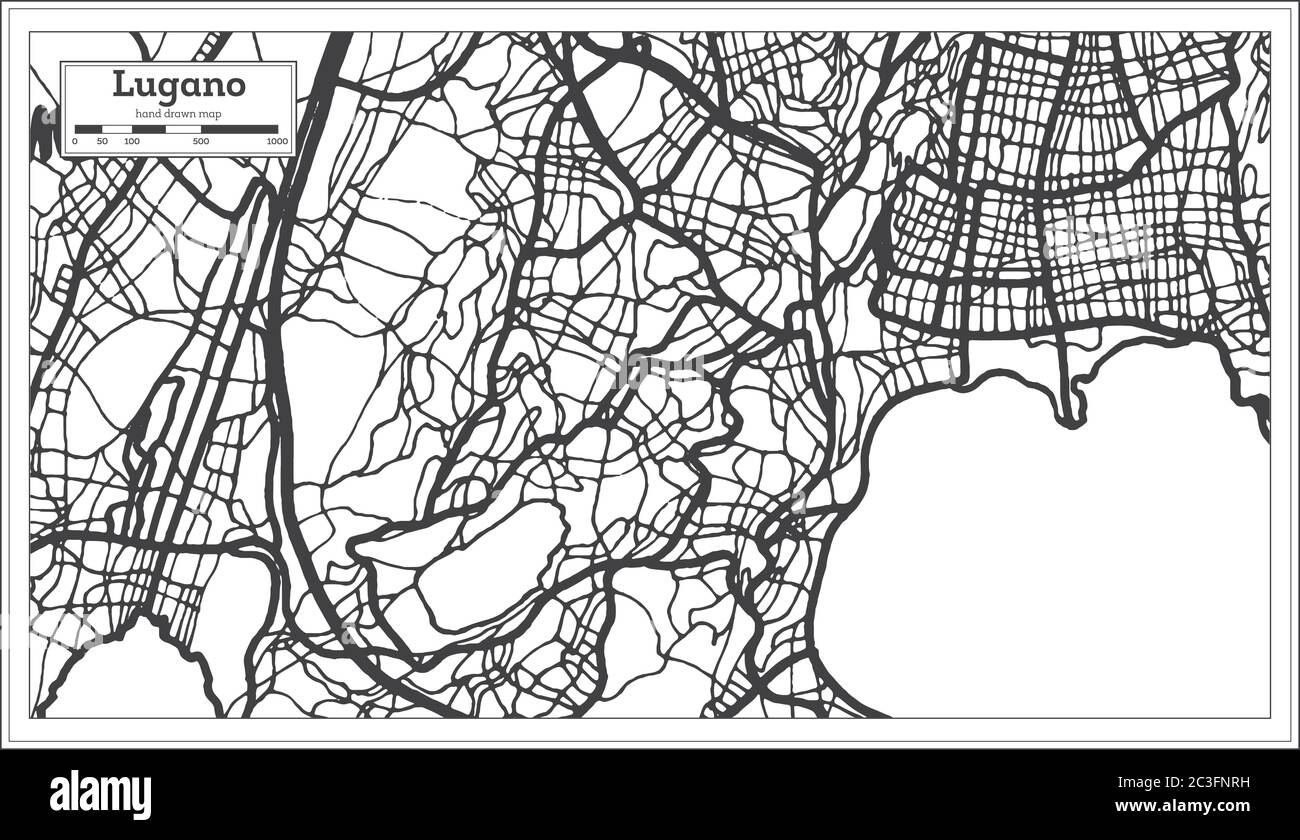 Lugano Switzerland City Map in Black and White Color in Retro Style ...