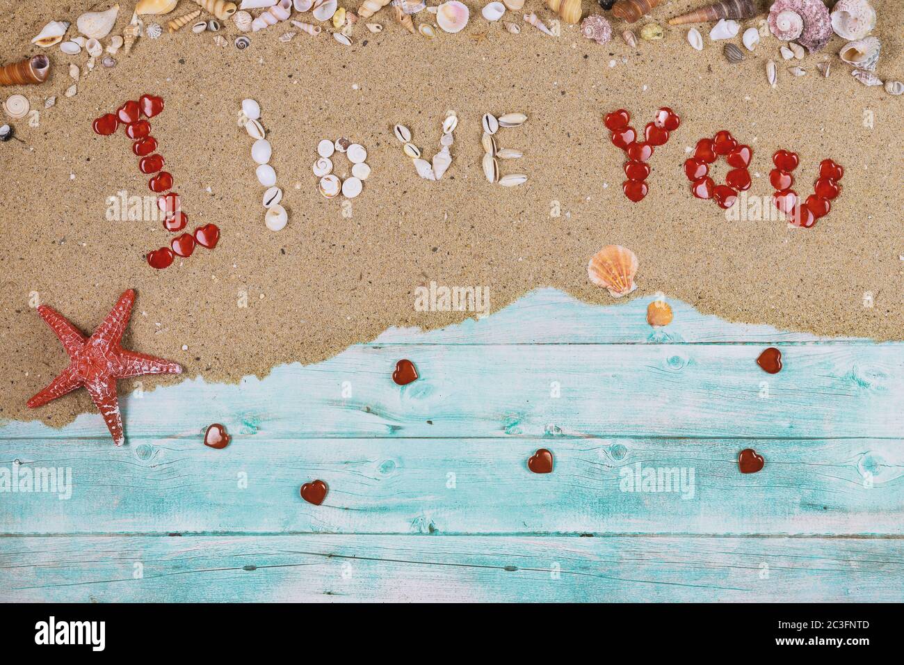 I love you taxt made from sea shells with red starfish. Valentines day ...