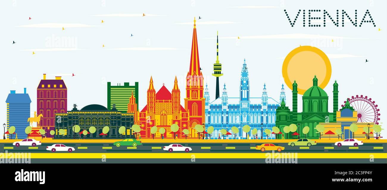 Vienna Austria City Skyline with Color Buildings and Blue Sky. Vector ...