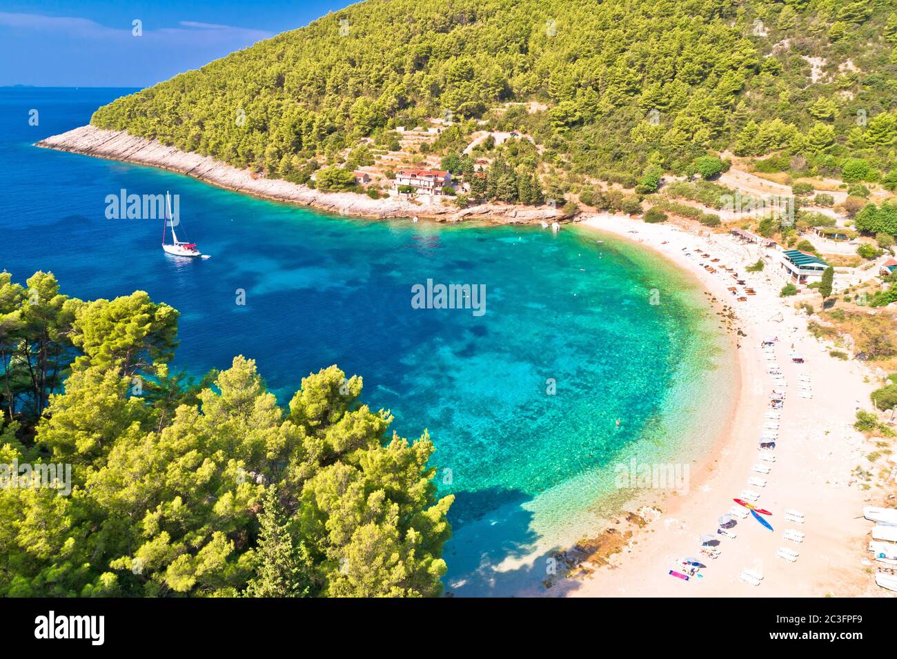 Korcula. Aerial view of Korcula island beach in Pupnatska Luka cove ...