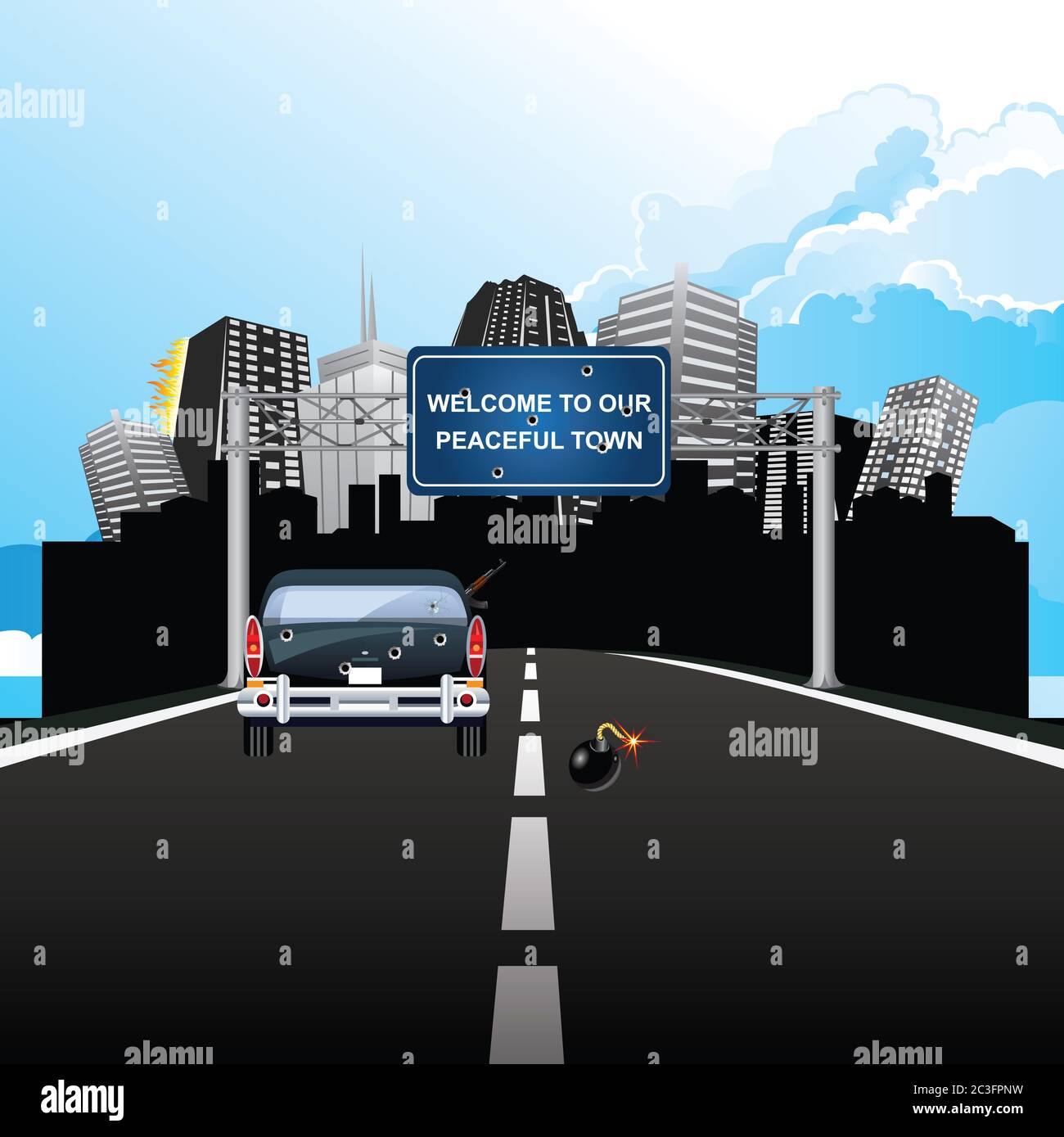 Ironic welcome to our peaceful town sign on highway overhead gantry ...