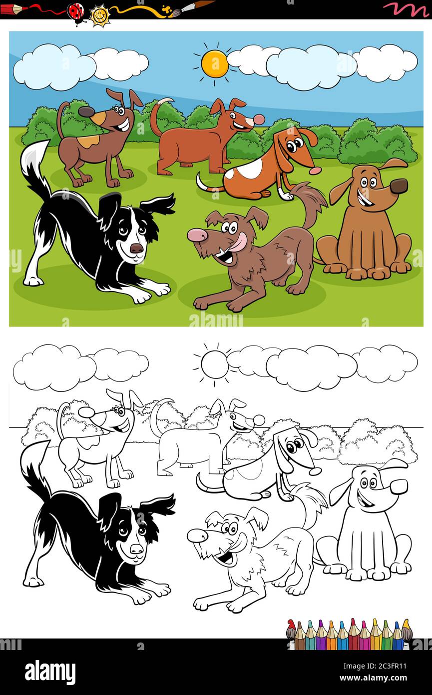 cartoon dogs group coloring book page Stock Photo - Alamy