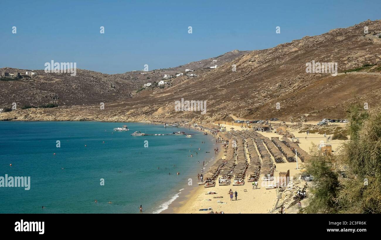 high shot of elia beach on mykonos, greece Stock Photo - Alamy