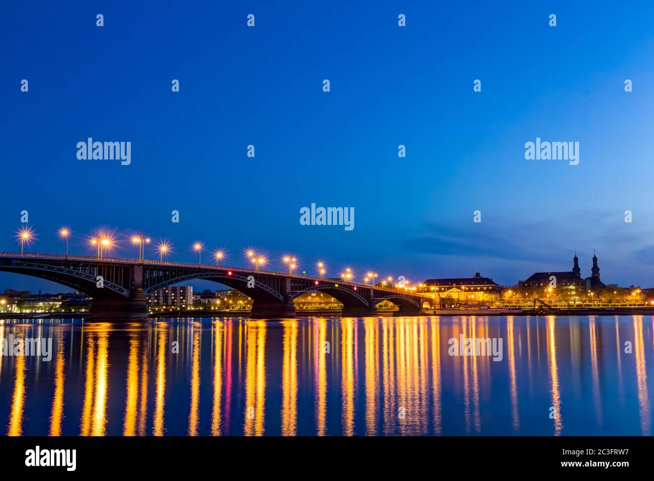 The skyline of Mainz at the blue hour with the Theodor Heuss Bridge ...