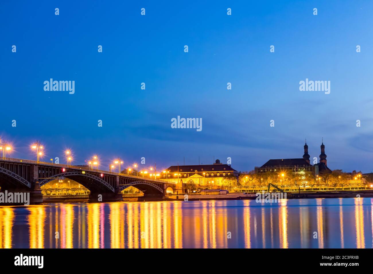 The skyline of Mainz at the blue hour with the Theodor Heuss Bridge ...