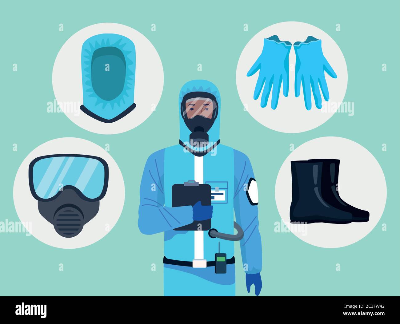 biosafety worker with equipment elements for covid19 protection vector ...