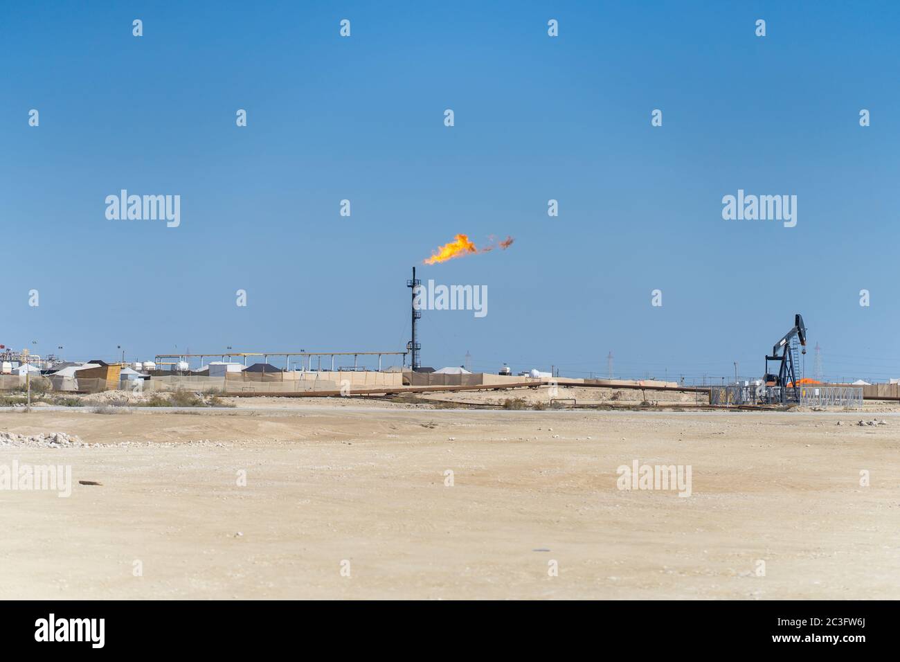 Manama / Bahrain - January 10, 2020: gas extraction pipeline with fire ...