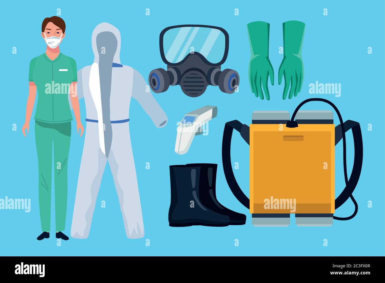 doctor with biosafety equipment elements for covid19 protection vector ...