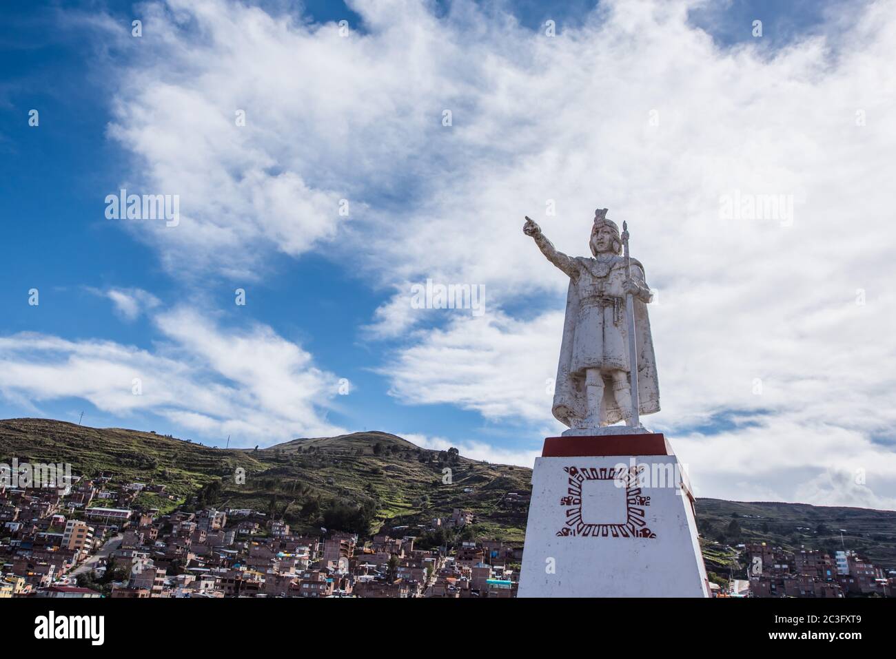 A statue of Manco Capac in Huajsapata Park overlooking the city of Puno ...