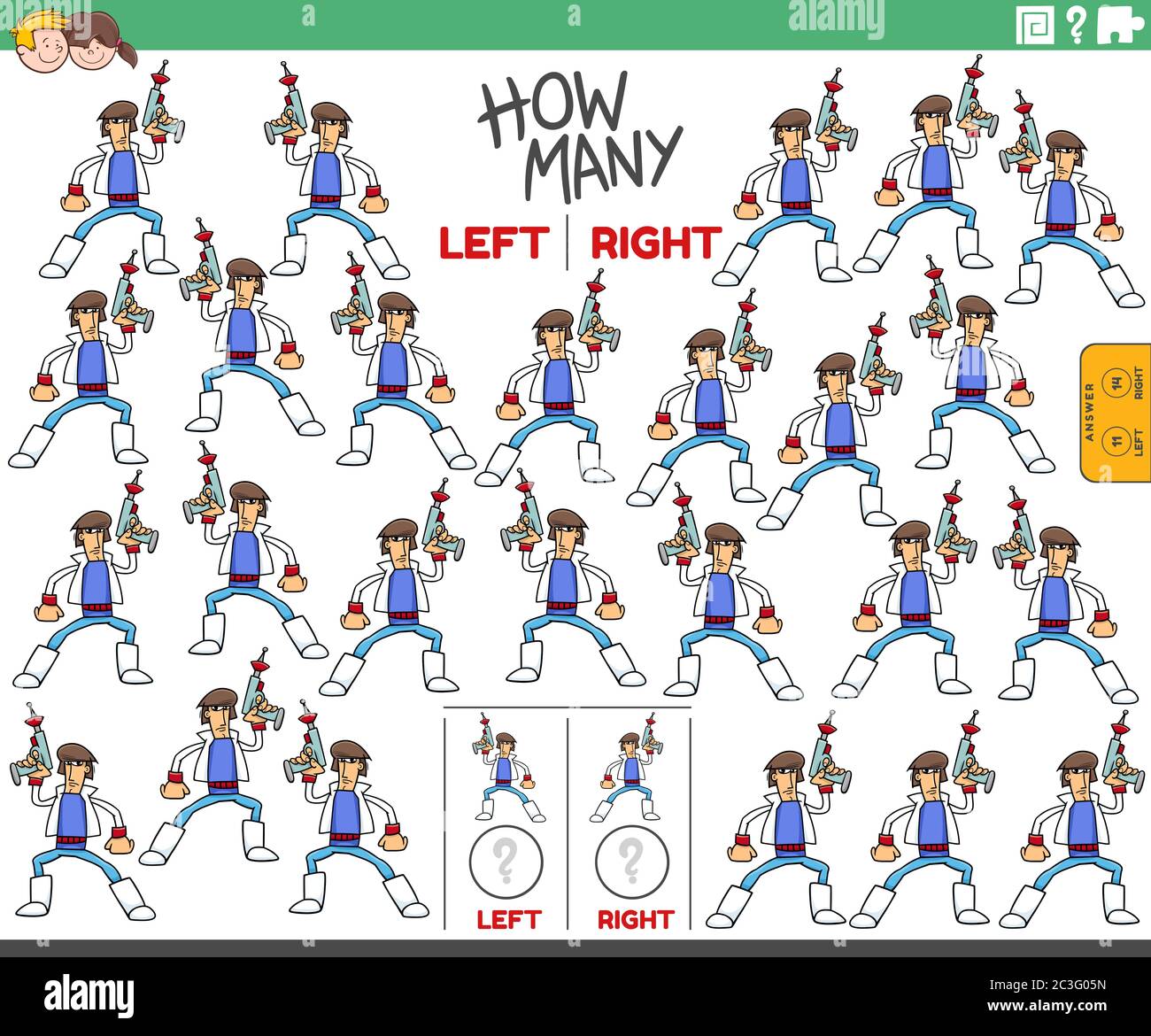 counting left and right pictures of cartoon fantasy character Stock Photo - Alamy
