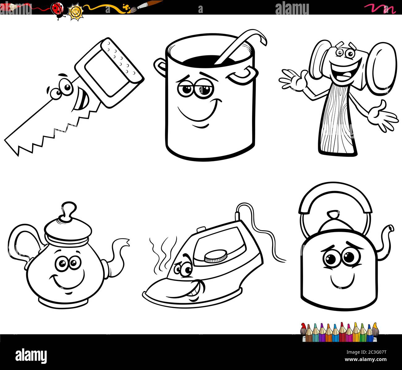 cartoon funny object characters set coloring book page Stock Photo - Alamy
