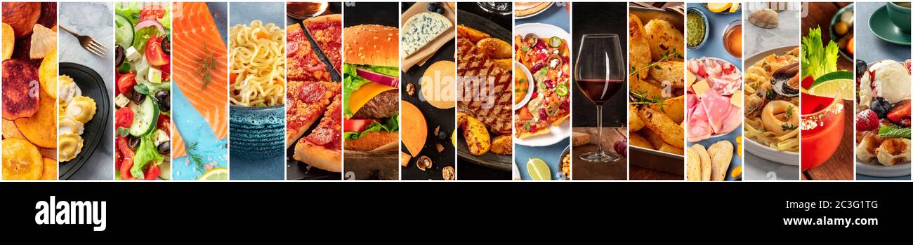 Food collage design template. Various tasty dishes, including a burger ...