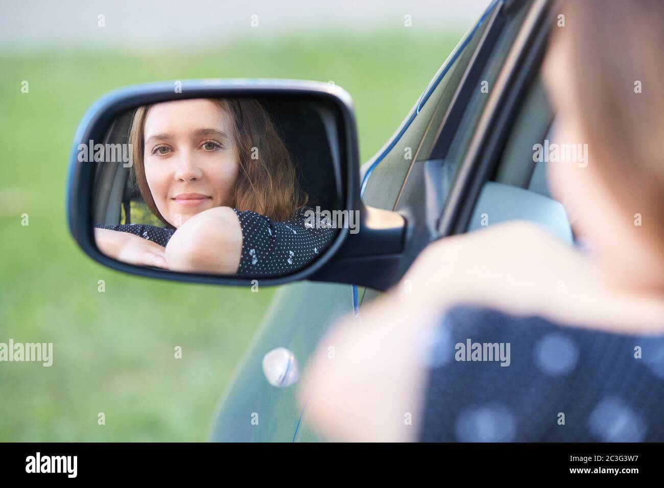 Car insurance driver. Pretty girl. Beauty lady inside. Drive school ...