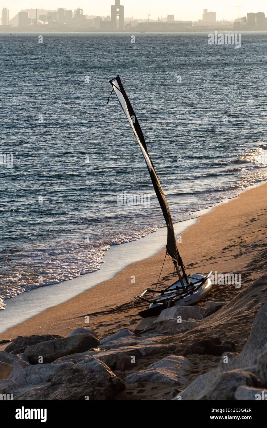 Windsurf board on the sunset at the beach of mediterranean sea Stock ...