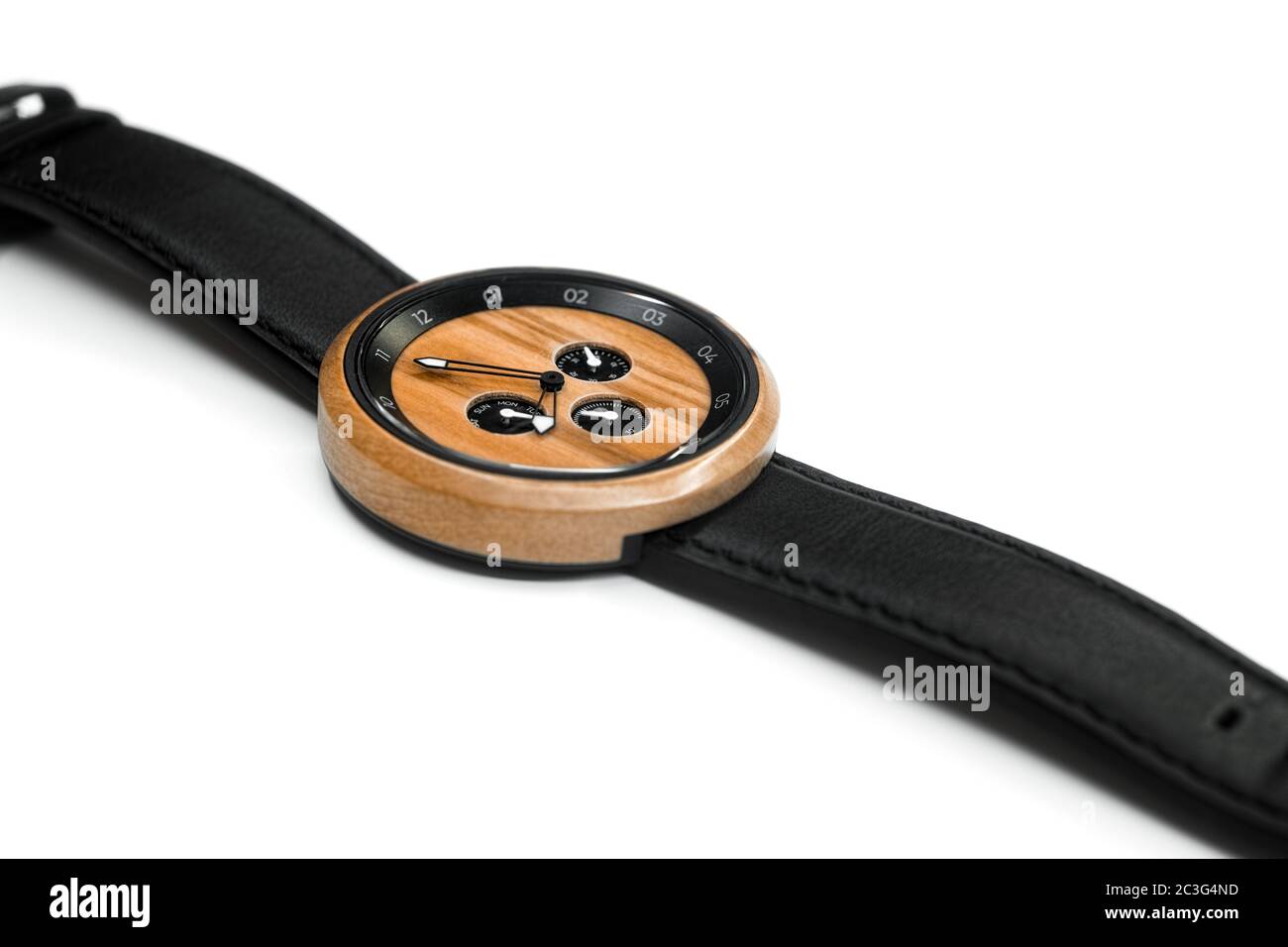 olive wood watch with leather strap on white background Stock Photo - Alamy