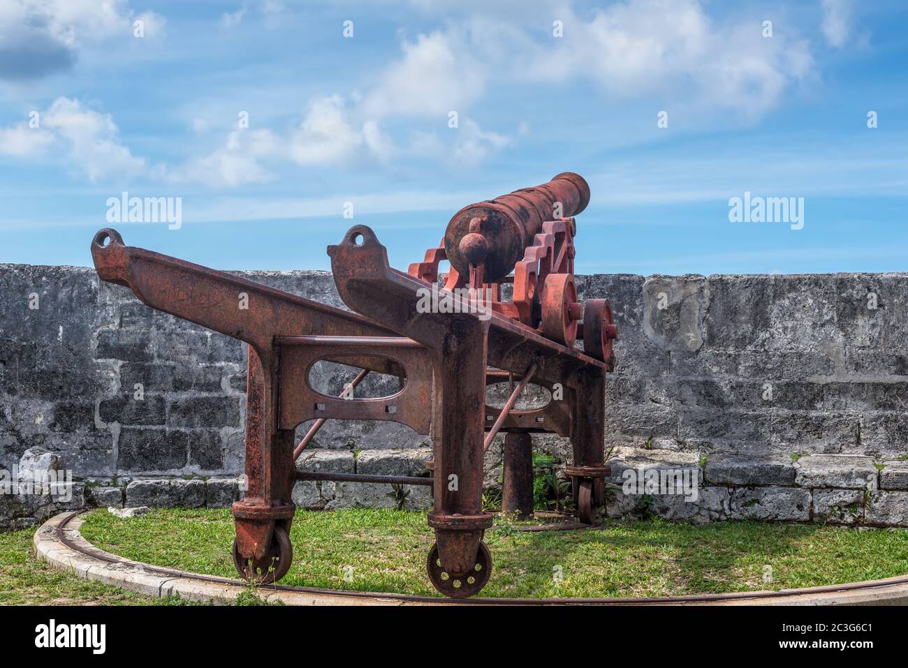 1800s Era Cannon at Fort Fincastle overlooking the harbor in Nassau ...