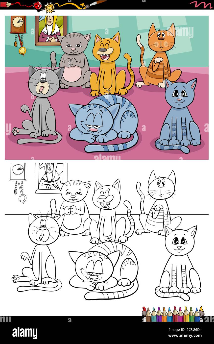 cartoon funny cats group coloring book page Stock Photo - Alamy