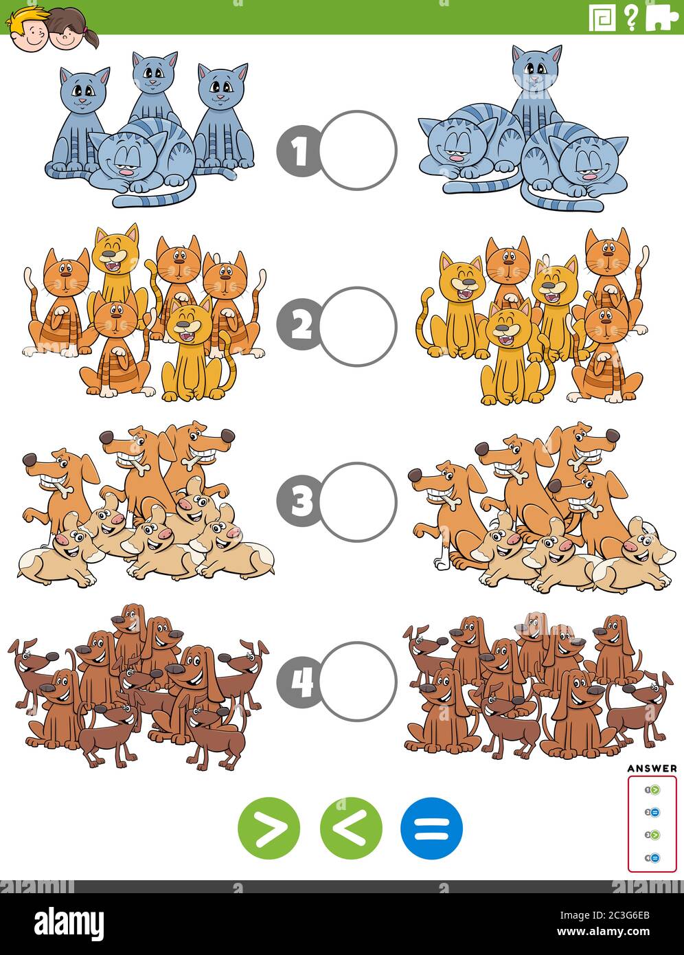 greater less or equal educational task with pets Stock Photo - Alamy