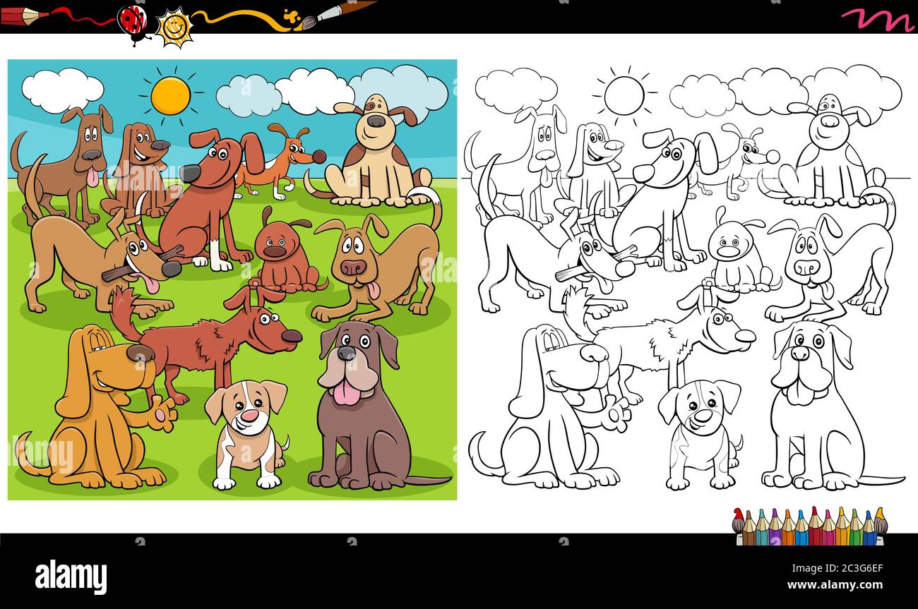 playful dogs characters group coloring book page Stock Photo - Alamy