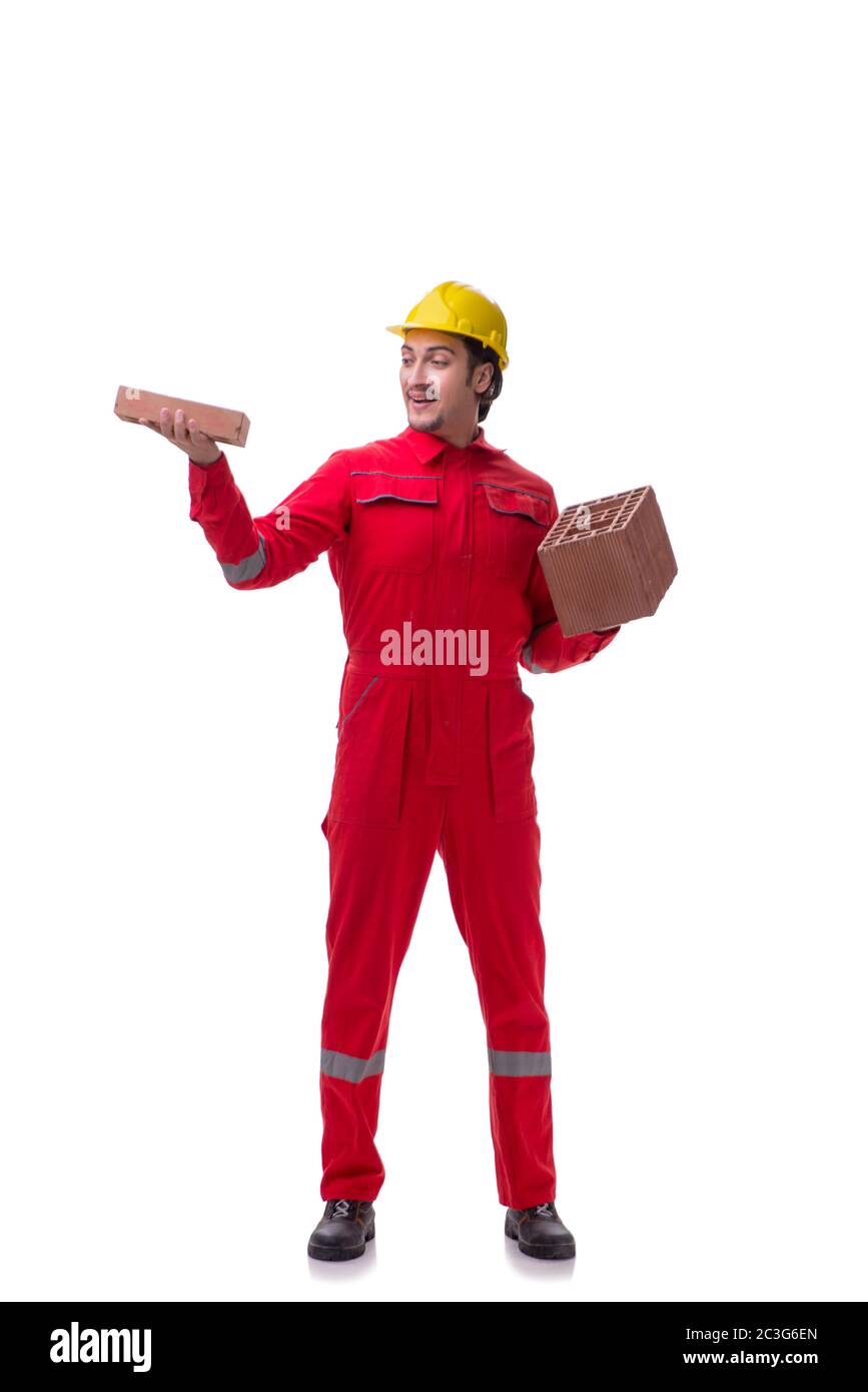 Young male mason with brick isolated on white Stock Photo - Alamy