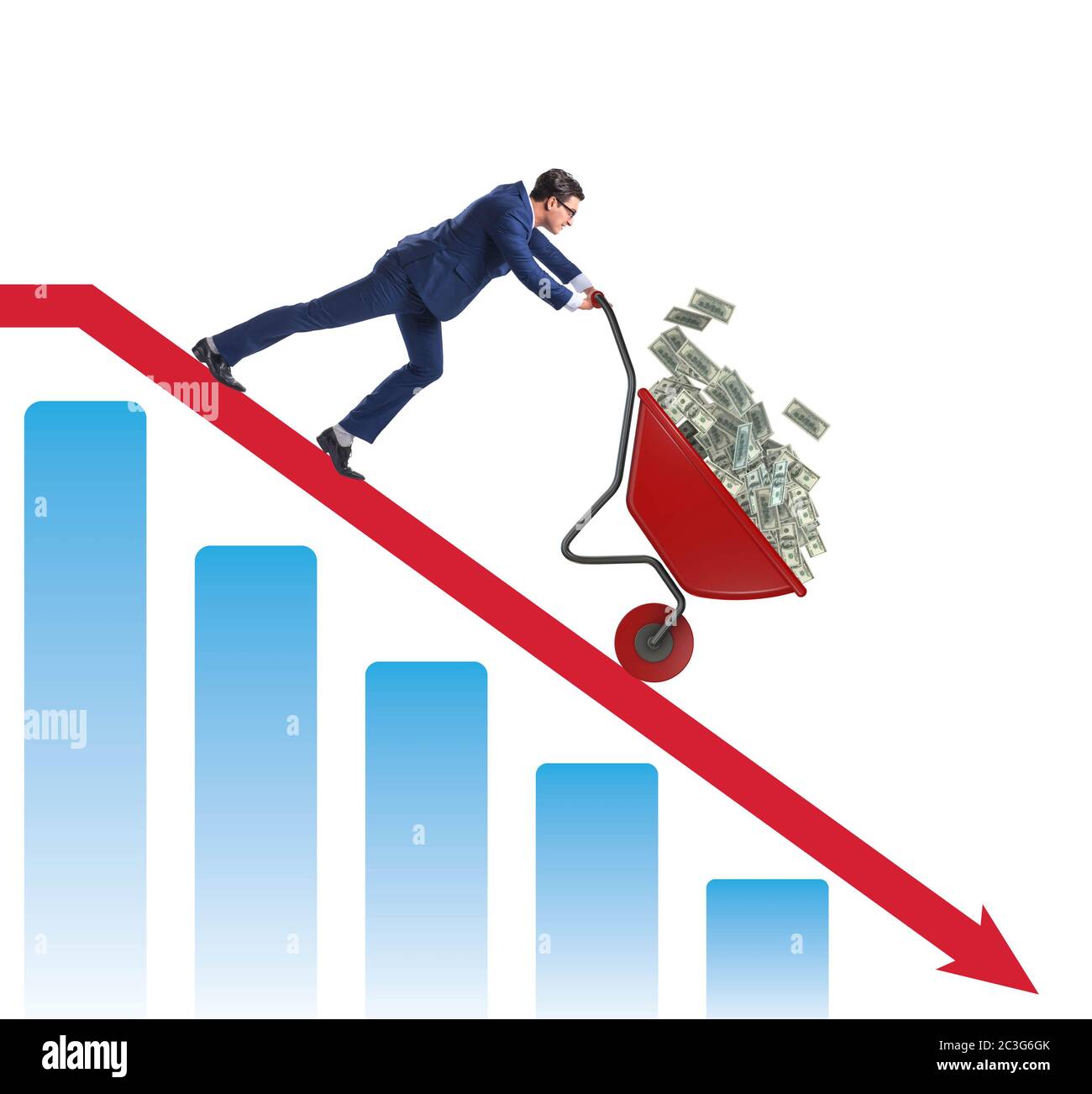 Businessman pushing money wheelbarrow down the chart Stock Photo - Alamy