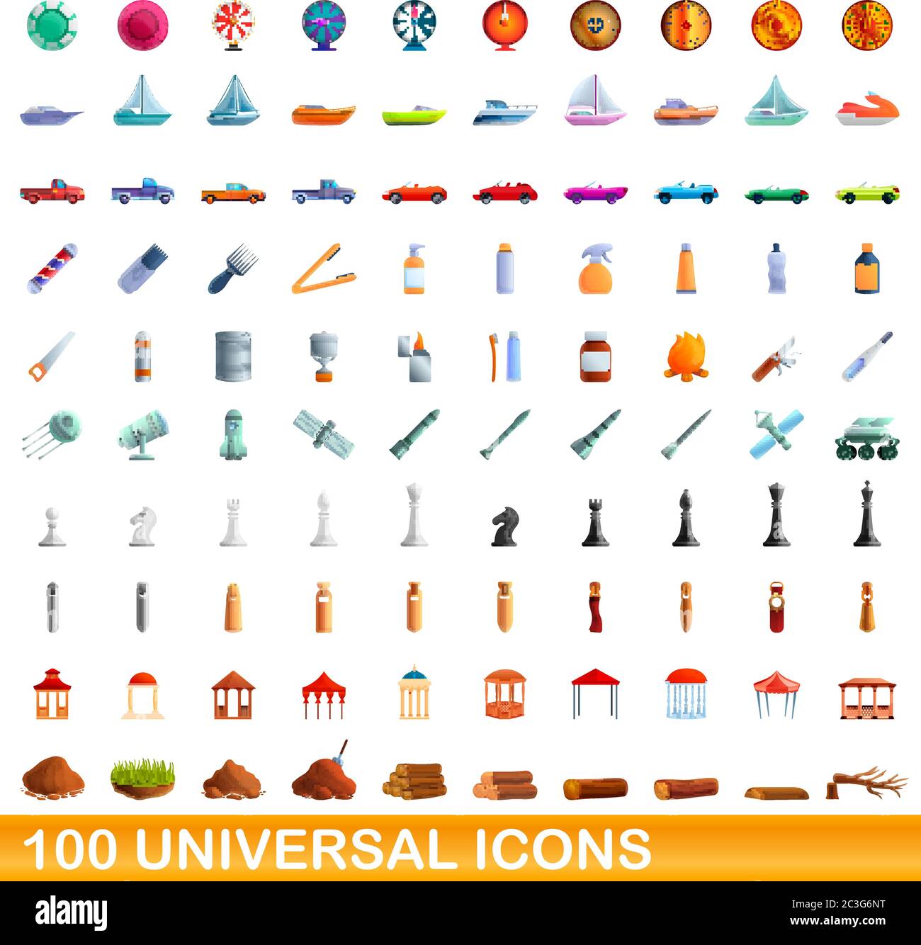 100 universal icons set. Cartoon illustration of 100 universal icons ...