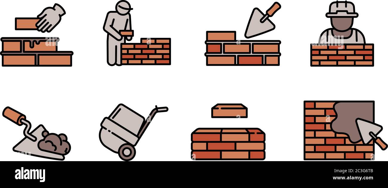 Masonry worker icons set. Outline set of masonry worker vector icons ...