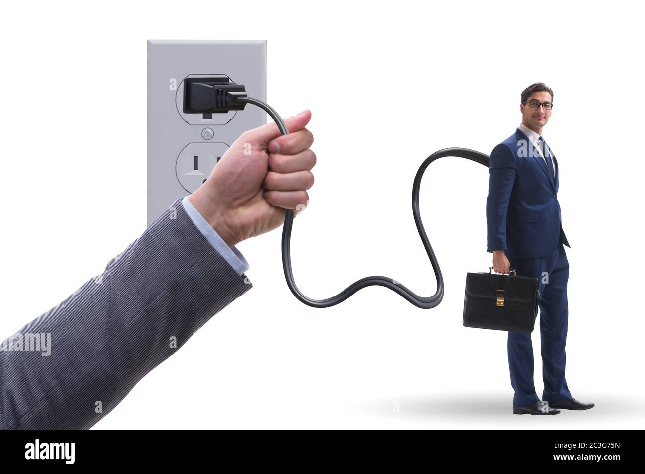 Businessman being powered by electricity and plug Stock Photo - Alamy