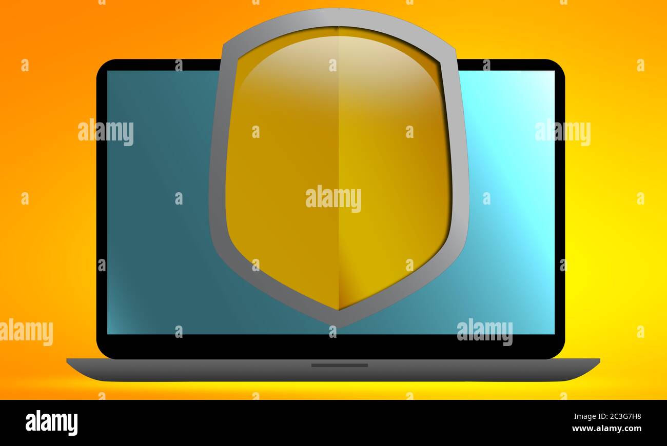 Laptop with shield on a screen. Safety concept Stock Photo - Alamy