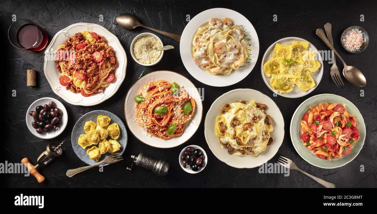 Pasta. Assortment of Italian pasta dishes, including spaghetti ...