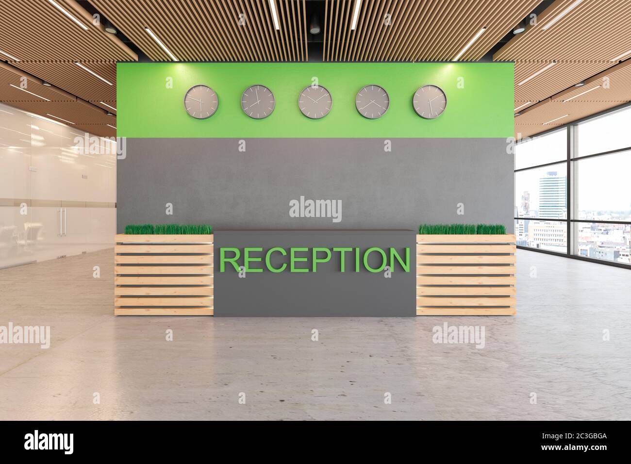 Office open space lobby ecological interior with concrete floor, wooden ...